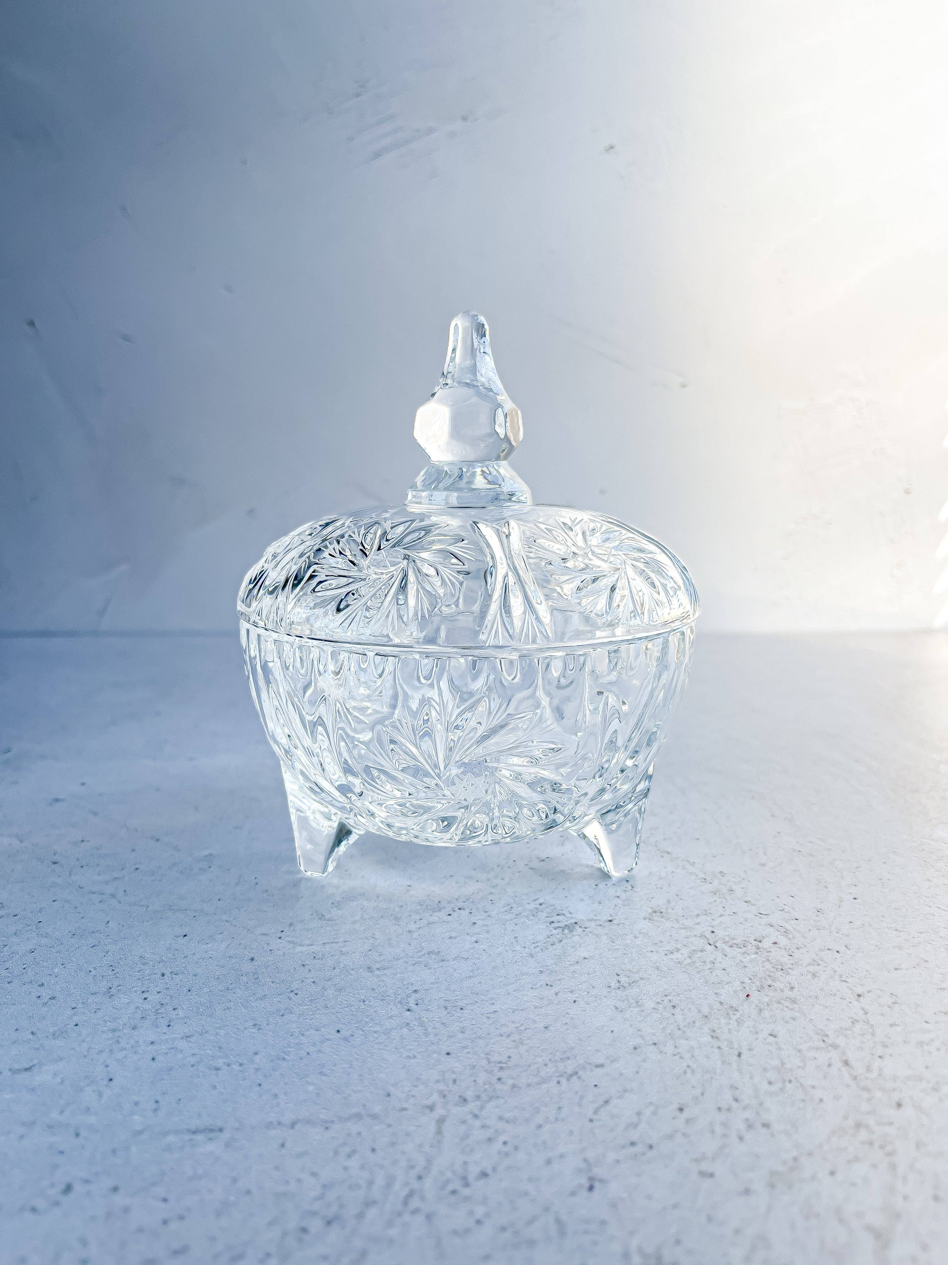 Elegant Footed Glass Jar with Lid - Ornate Cut Glass Design – SOSC Home
