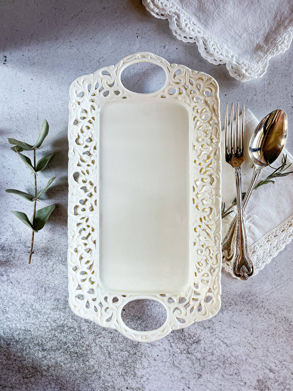Rectangular Ceramic Tray with Openwork Handles – Off-White Colour ...